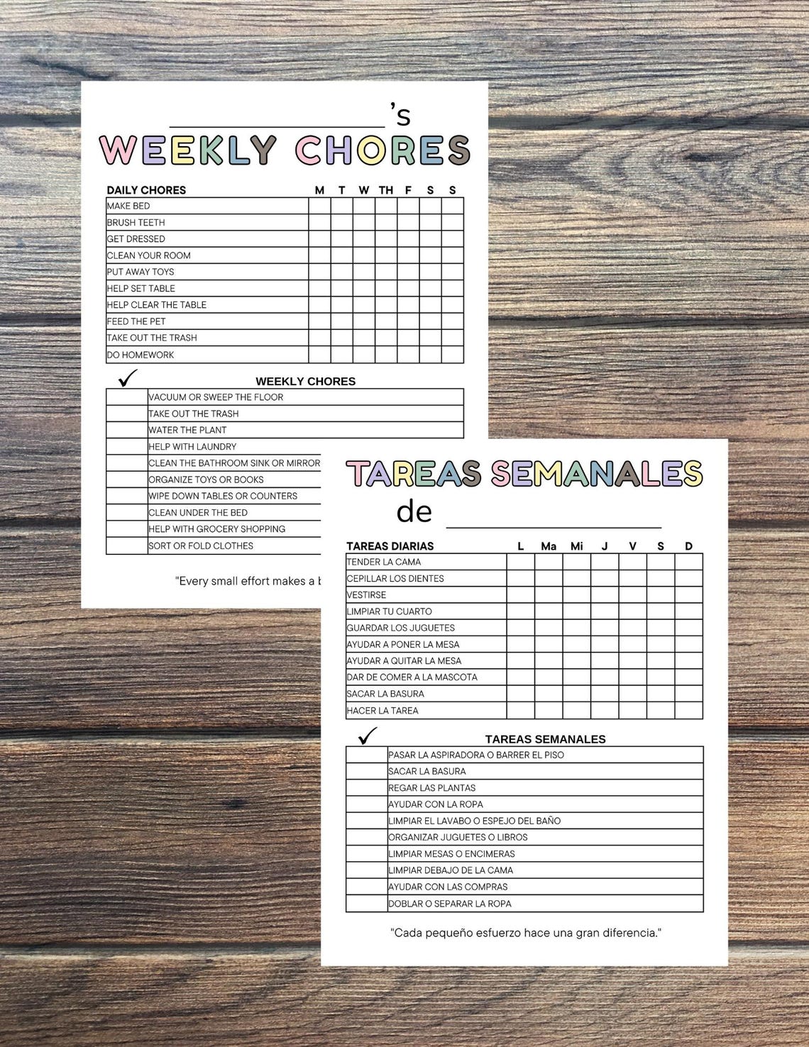 Weekly Chore Chart for Kids – Printable PDF in English & Spanish ...