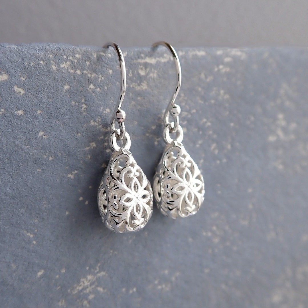 Tiny Silver Filigree Drop Earrings Silver Filigree Teardrop - Etsy UK