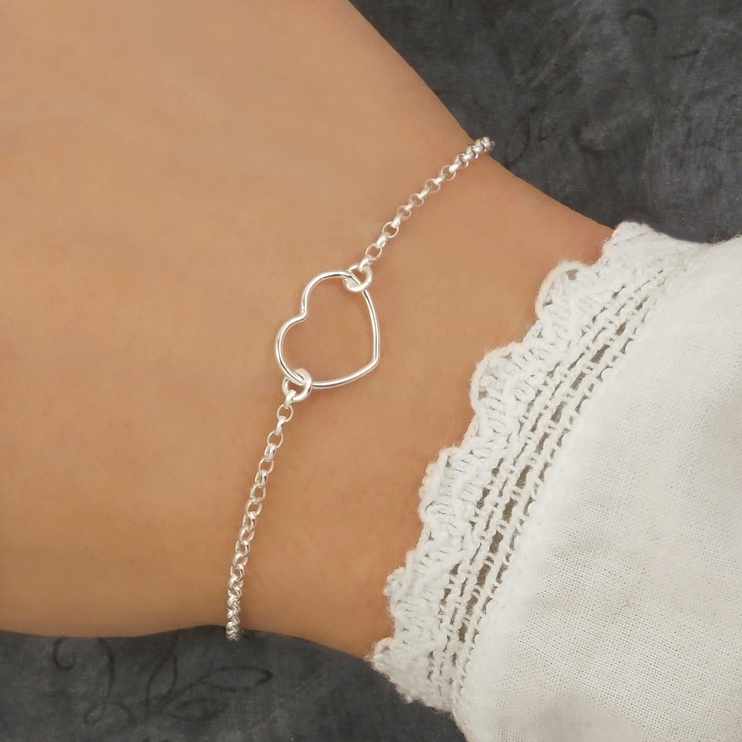 Sterling Silver Heart Bracelet for Women, Silver Open Heart Bracelet ...