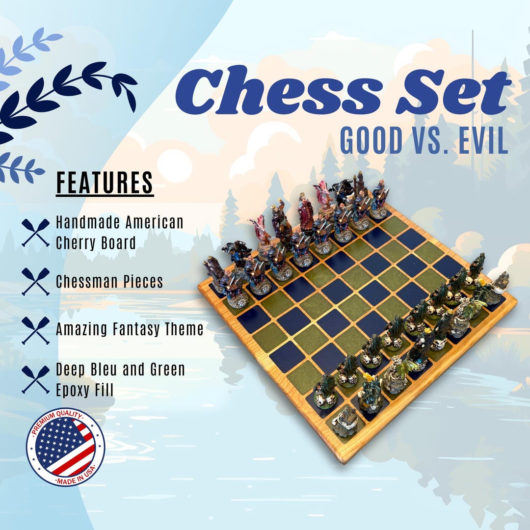 Custom Cherry Wood Chess Set With Deep Blue & Green Epoxy | Fantasy ...