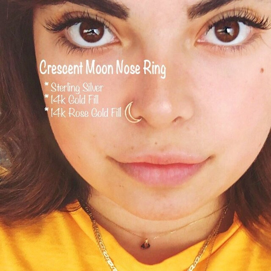 Moon Nose Ring, Real 14k Gold Nose Ring, Double Hoop Nose Ring, Moon ...