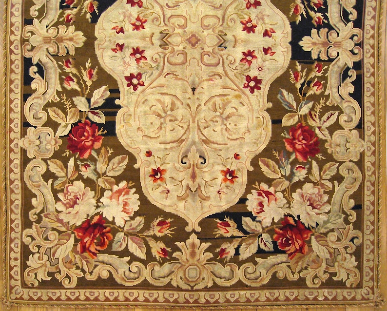Antique Portuguese Needlepoint Rug, Flat-weave, With Floral Medallion ...