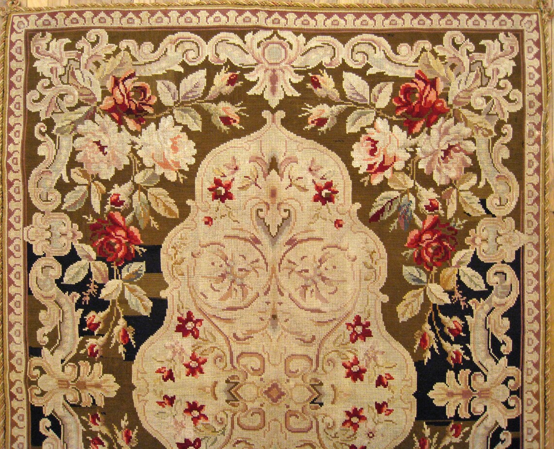 Antique Portuguese Needlepoint Rug, Flat-weave, With Floral Medallion ...