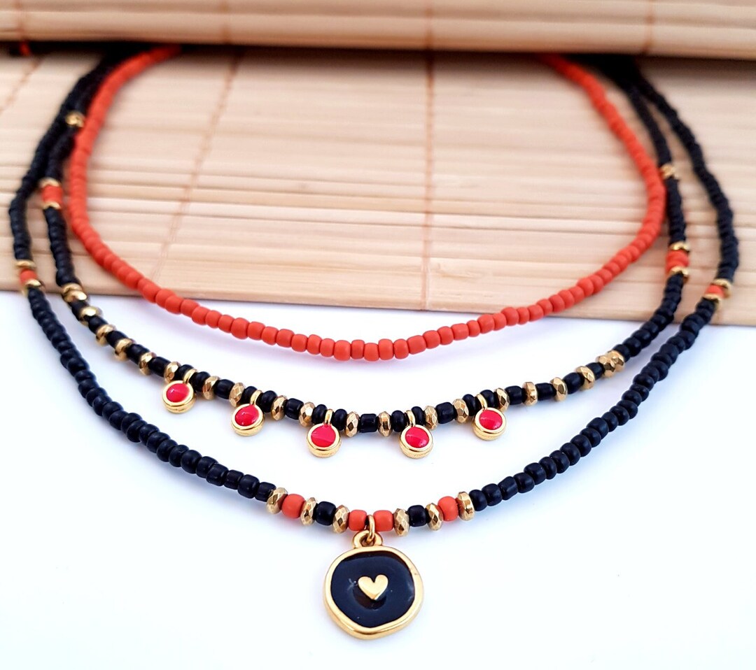 Layered Boho Necklace Set: Red Glass Beads, Heart Medallion Pendant - Etsy