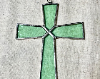 Stained Glass Cross Suncatcher Green and Red Diamond Style Handcrafted ...