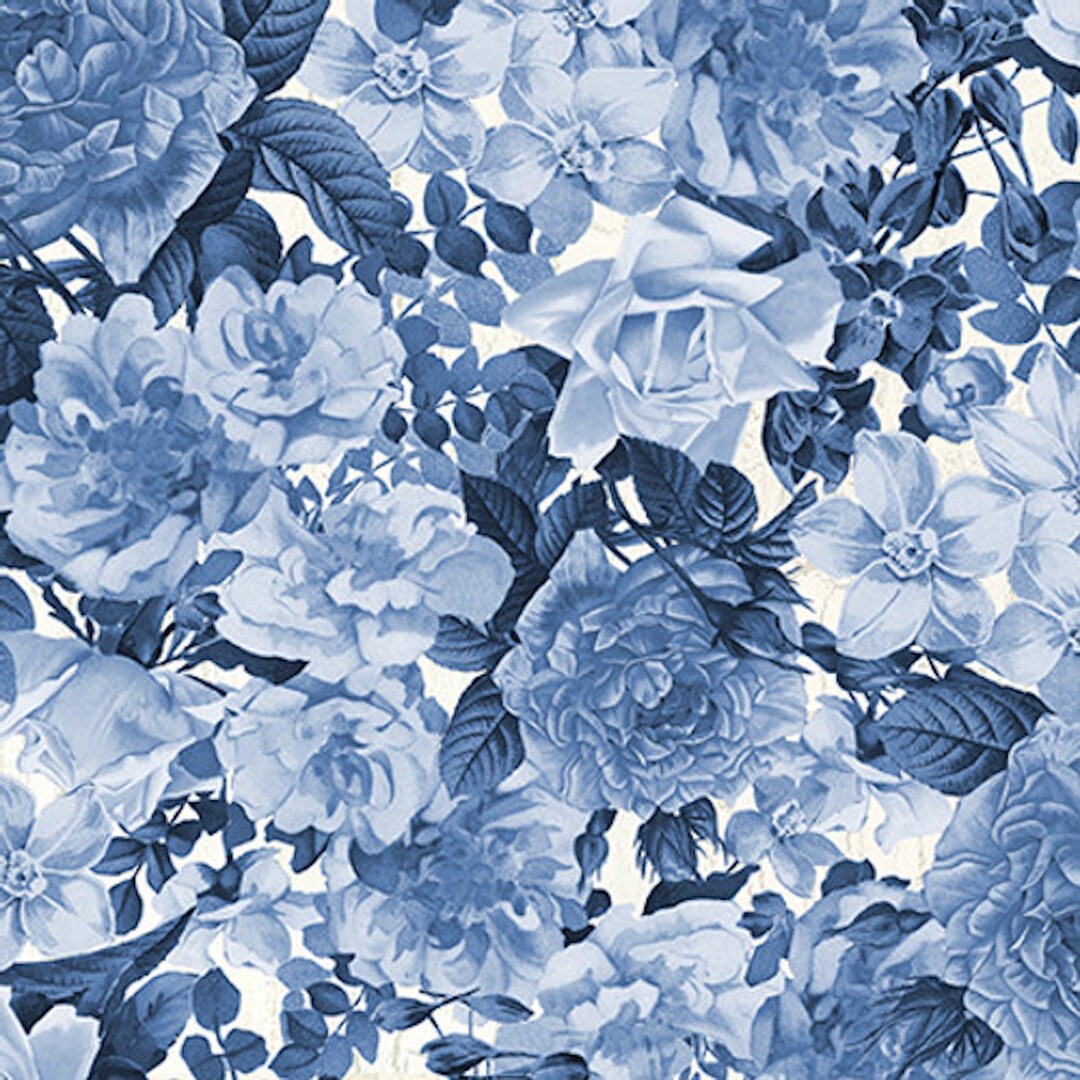 English Blue and White- Blue Flower Collage: Sold by the 1/2 Yard - Etsy