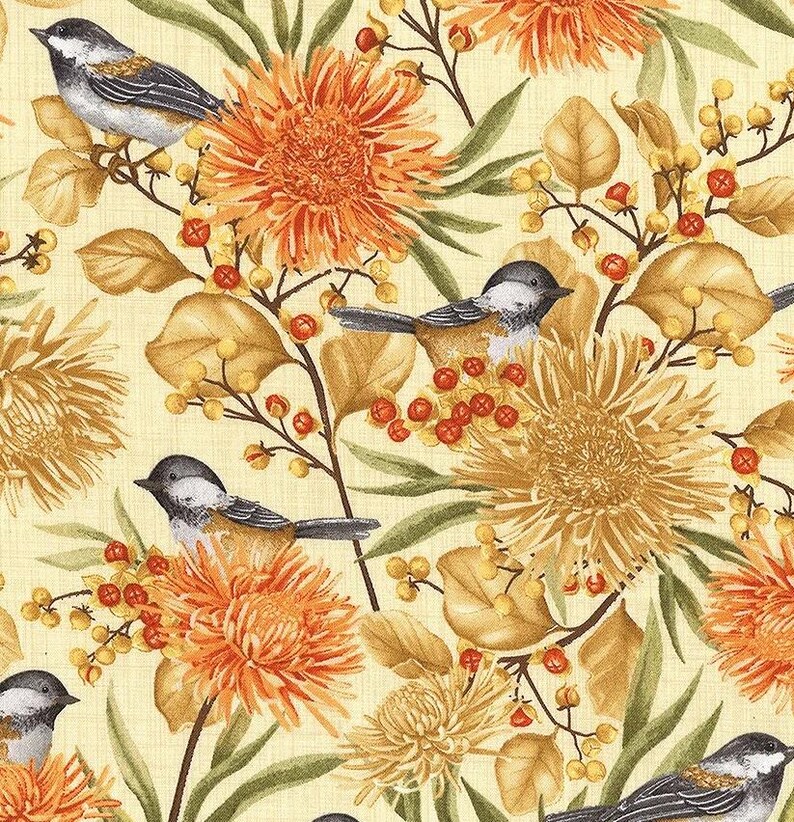 Chickadee Charm- Cream Birds and Florals All Over: Sold by the 1/2 Yard ...