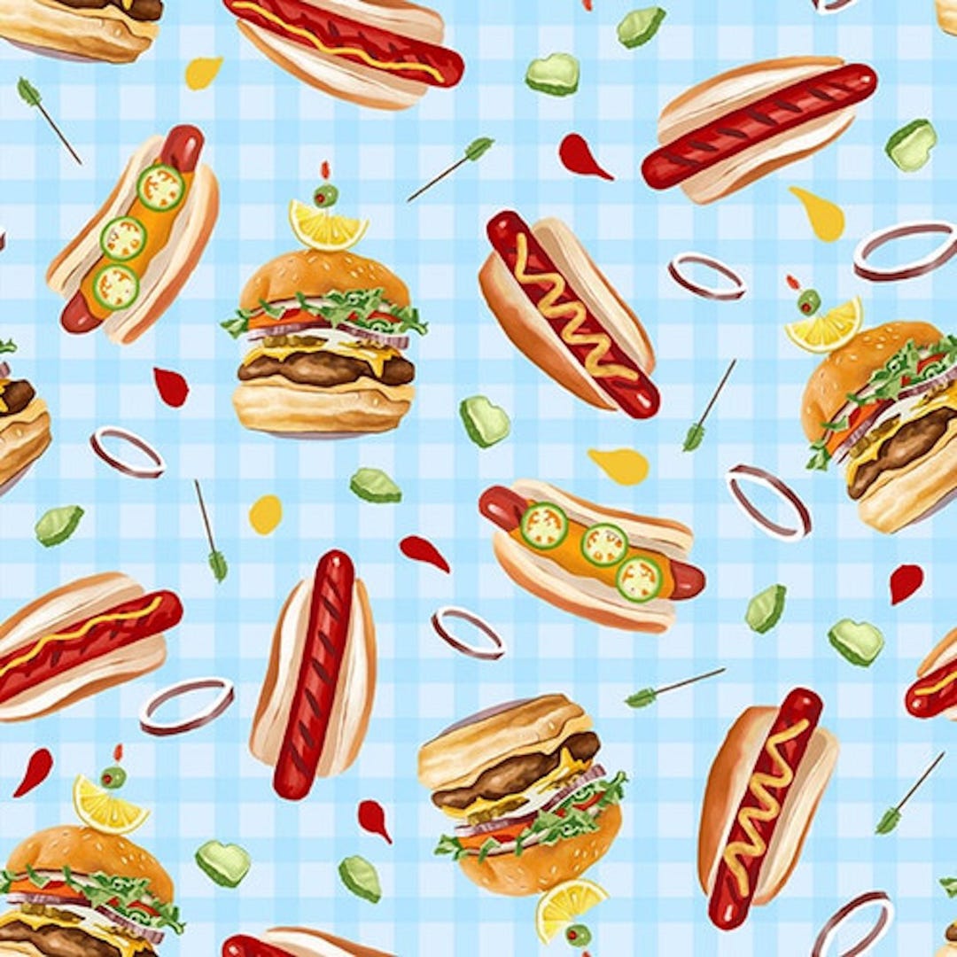 Grill Master- Lt Blue Hot Dogs & Hamburgers: Sold by the 1/2 Yard. - Etsy