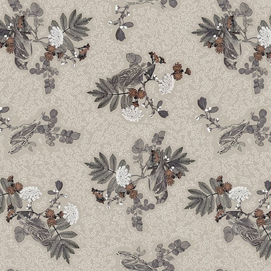 Nature's Whisper- Gray Birds With Flowers and Leaves: Sold by the 1/2 ...