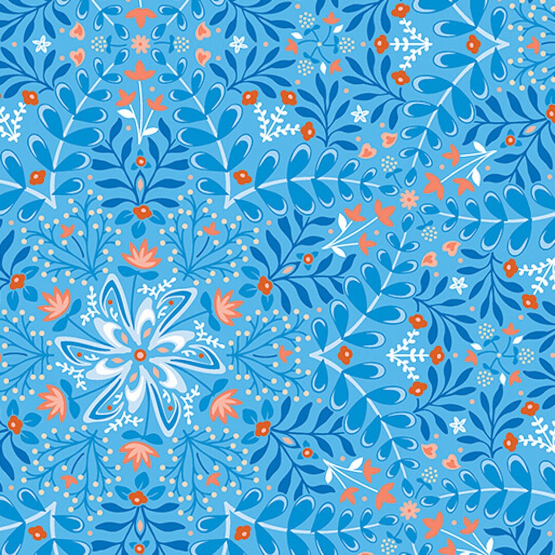 Flora and Fauna, Midnight- Periwinkle Medallion: Sold by the 1/2 Yard ...
