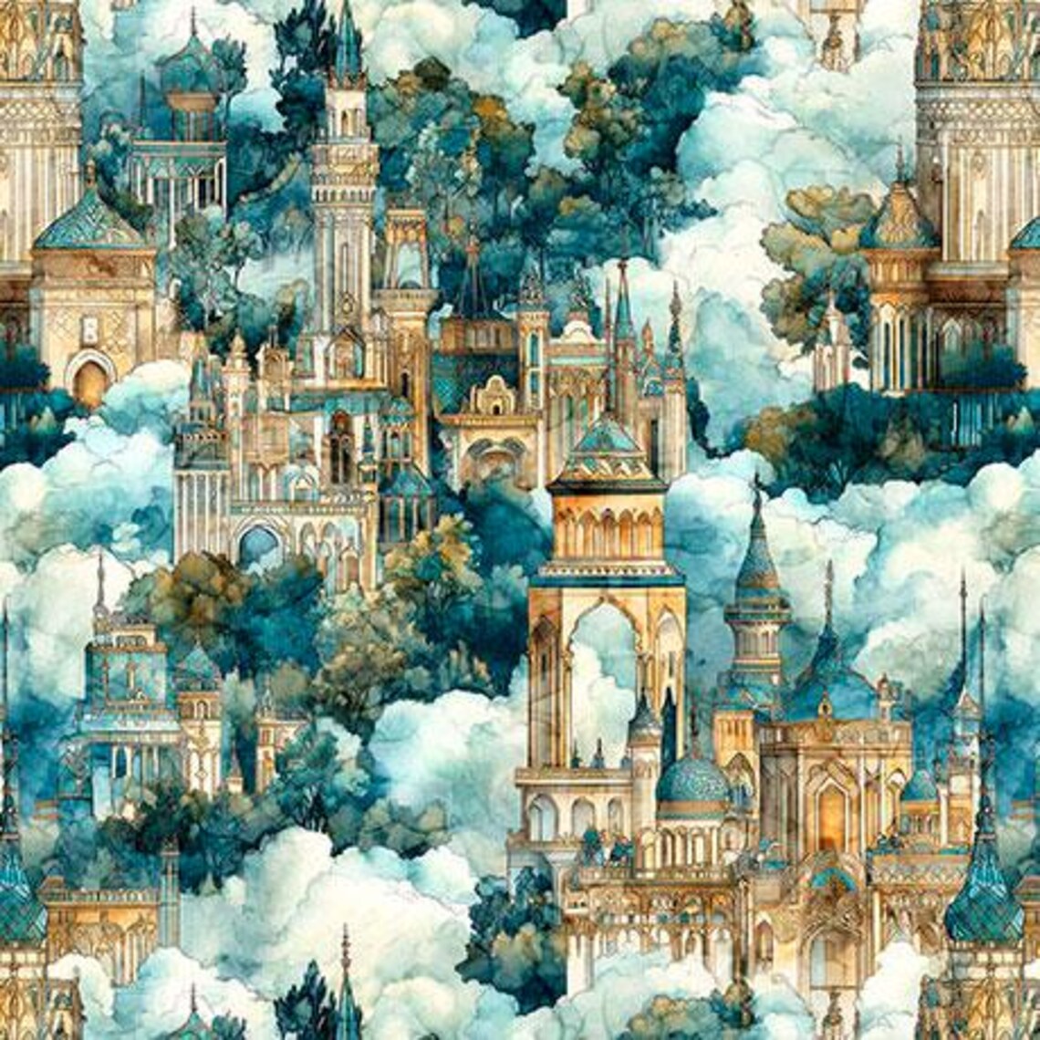 Folklore- Lt Brown/teal Castles in Clouds: Sold by the 1/2 Yard - Etsy