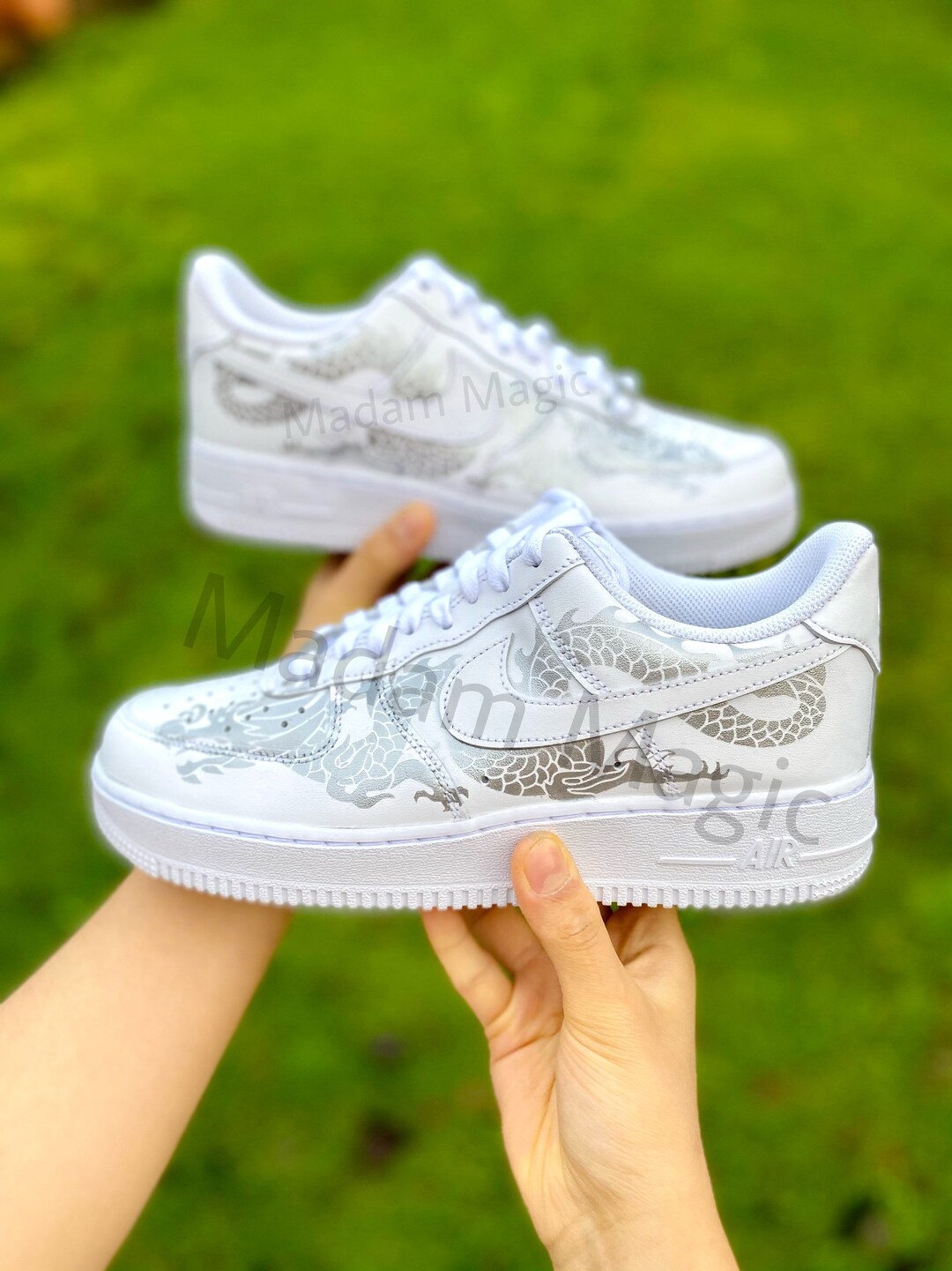 Hand Painted Custom Air Force 1 Low Silver Dragon AF1 Customized Made ...