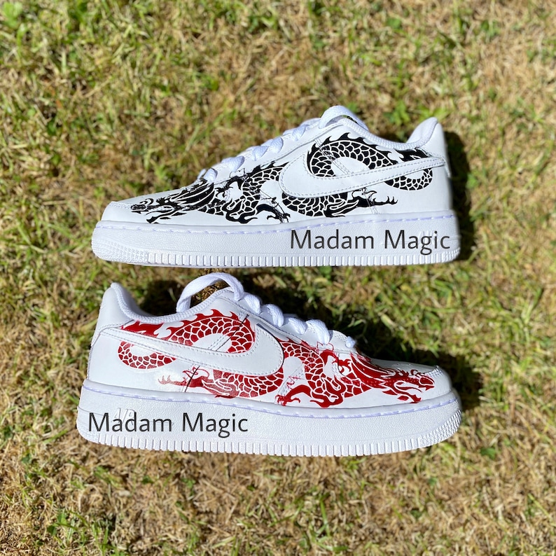 Hand Painted Custom Air Force 1 Low Black Red Dragon AF1 Customized ...