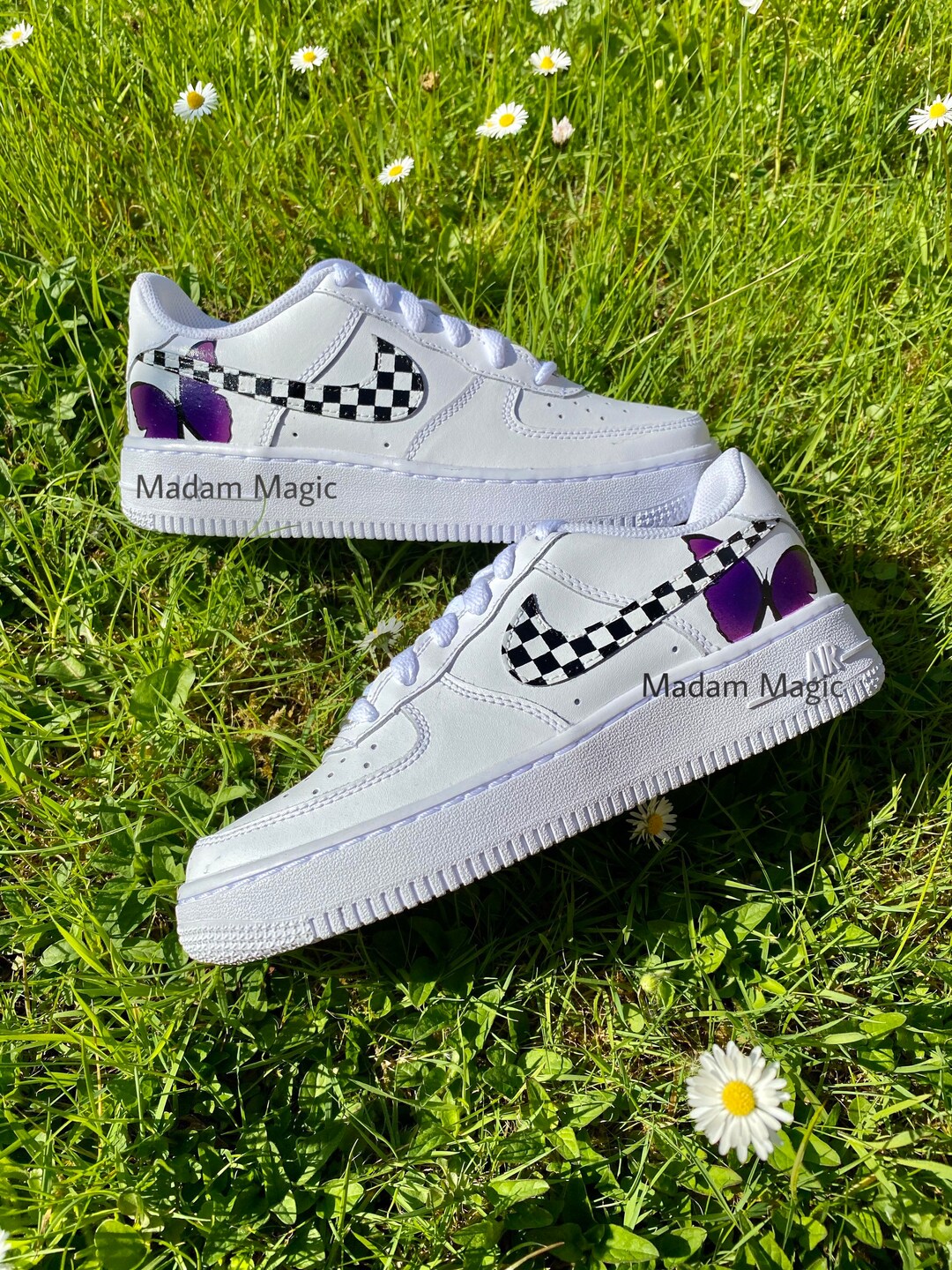 Hand Painted Custom Air Force 1 Low Purple Butterfly Checkered AF1 ...