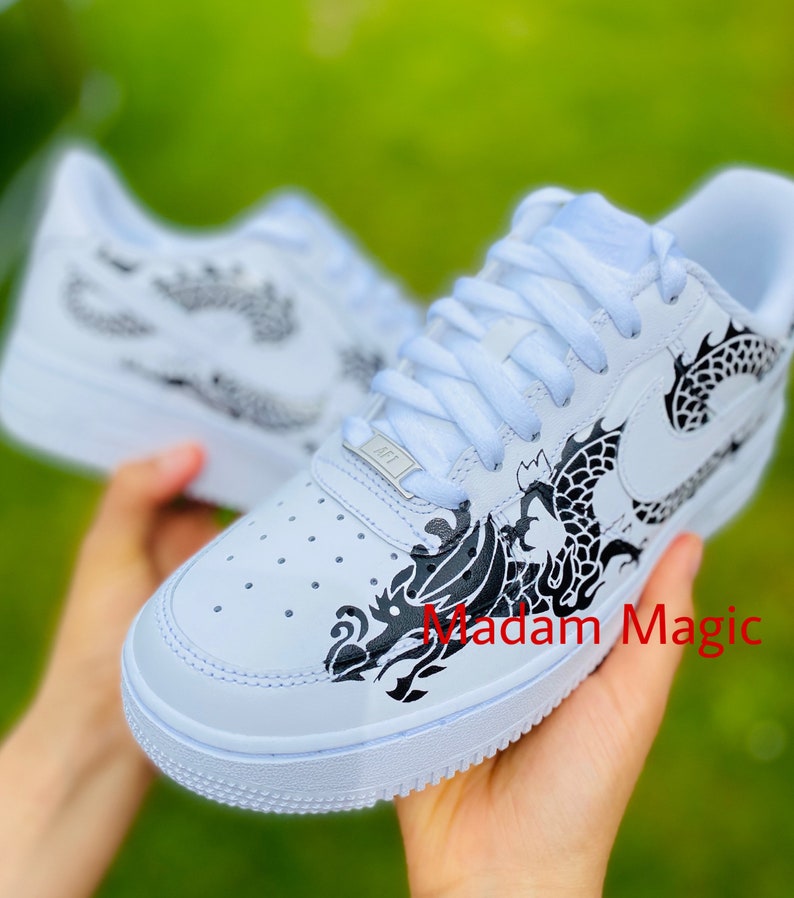Hand Painted Custom Air Force 1 Low Black Dragon AF1 Customized Made to ...