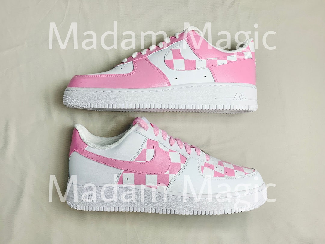 Hand Painted Custom Air Force 1 Low Pink Color Block Checkered ...