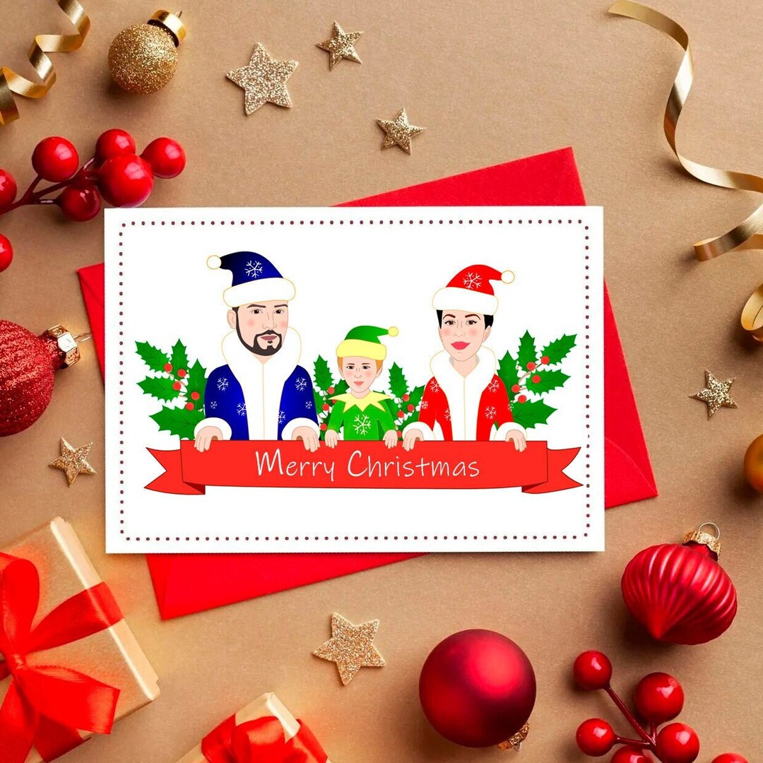 Custom Cartoon Family Portrait Christmas Card, Personalized Christmas ...