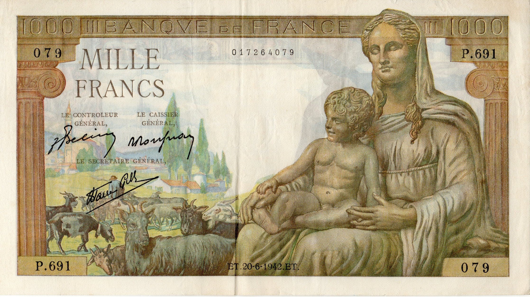 1000 Francs Banknote France 1942 P-102 Bank Note - Etsy