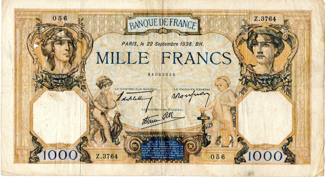 1000 Francs Banknote France 1938 P-90c Bank Note - Etsy