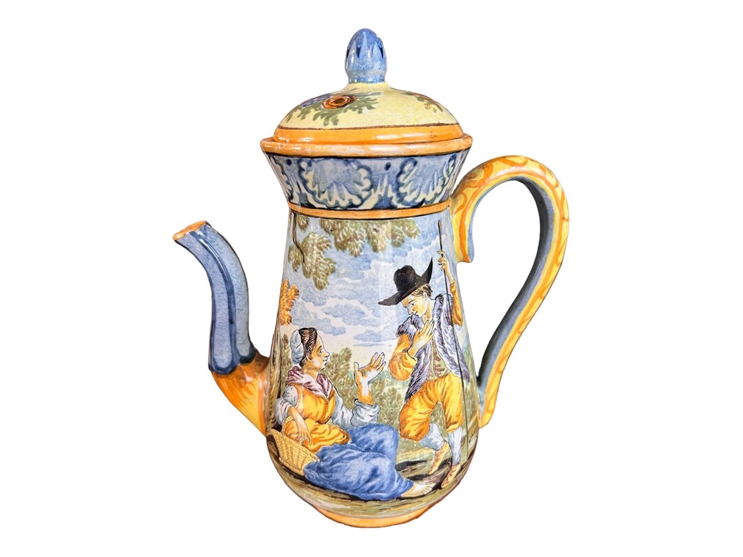 Antique 19thc Hand Painted Majolica Tea Chocolate Coffee Pot Pastoral ...