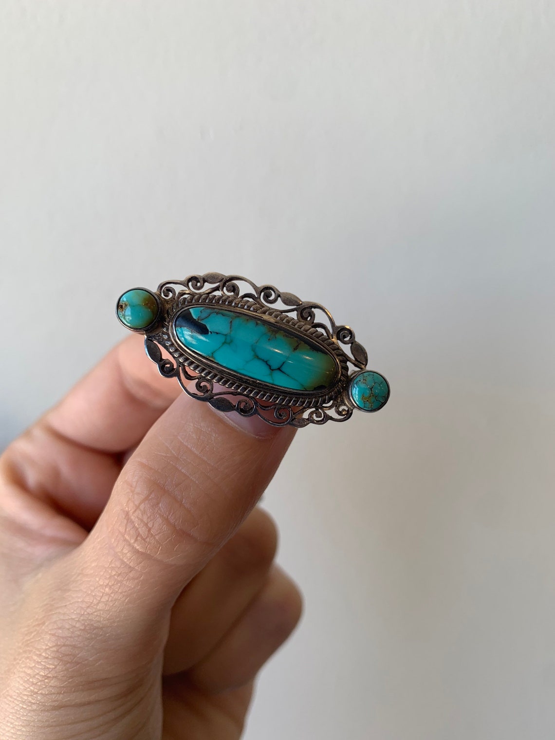 Unique Sterling Silver and Turquoise Pin with Decorative | Etsy