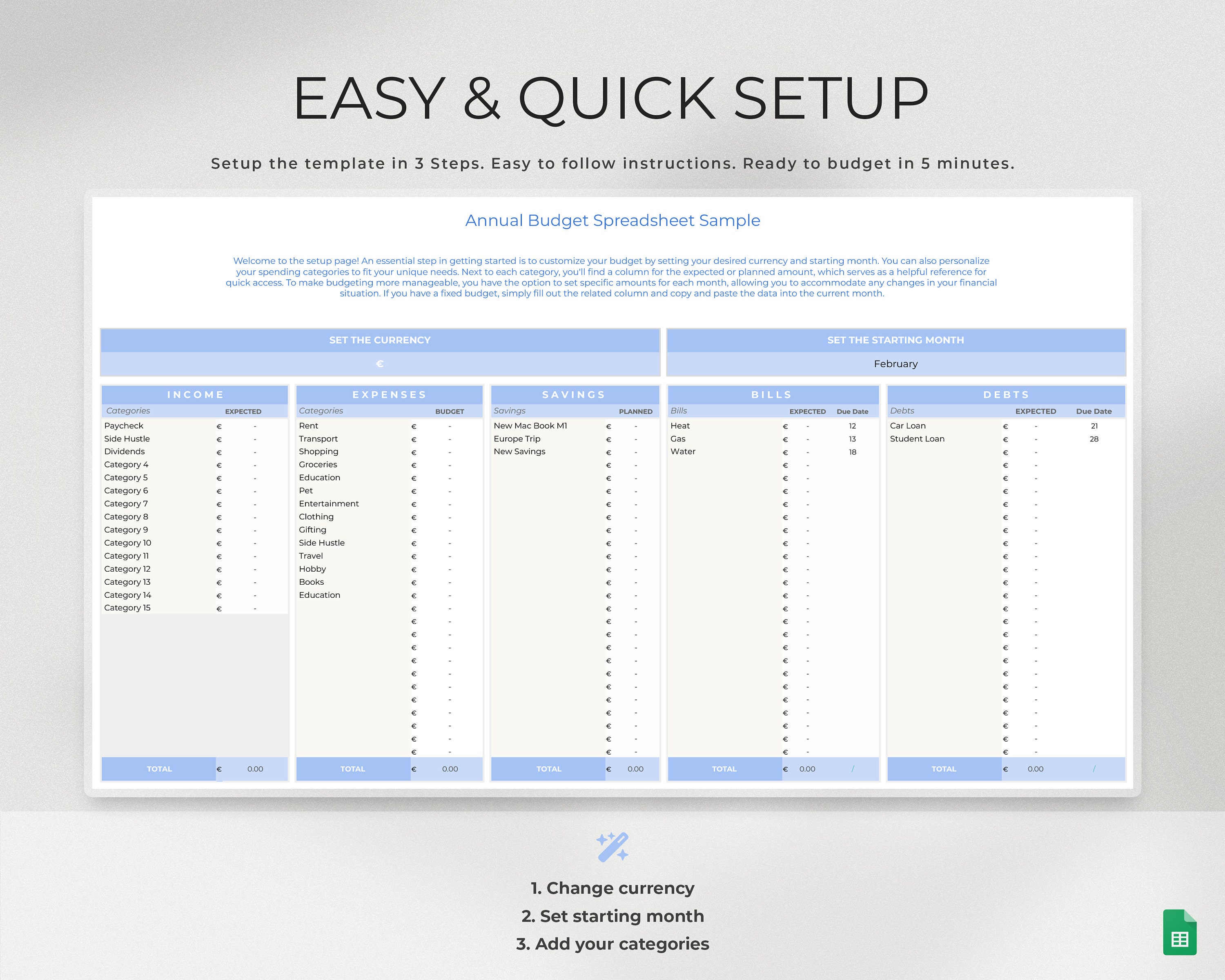 Annual Budget Spreadsheet, Google Sheets Budget Template, Monthly ...