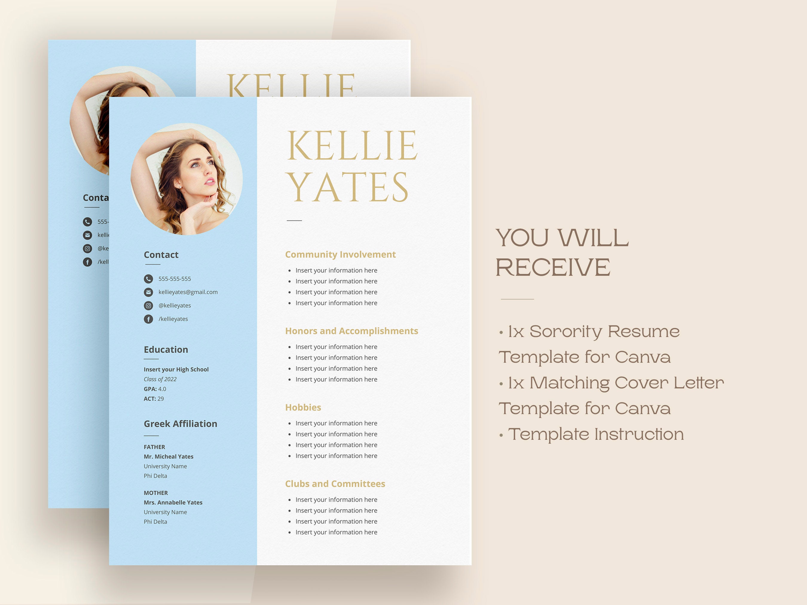 Blue Sorority Resume Template, Sorority Resume Template With Photo ...