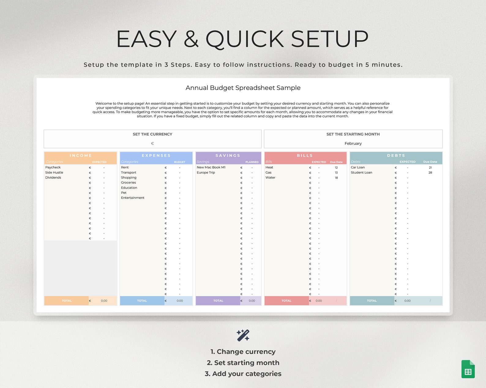 Annual Budget Spreadsheet, Google Sheets Budget Template, Monthly ...