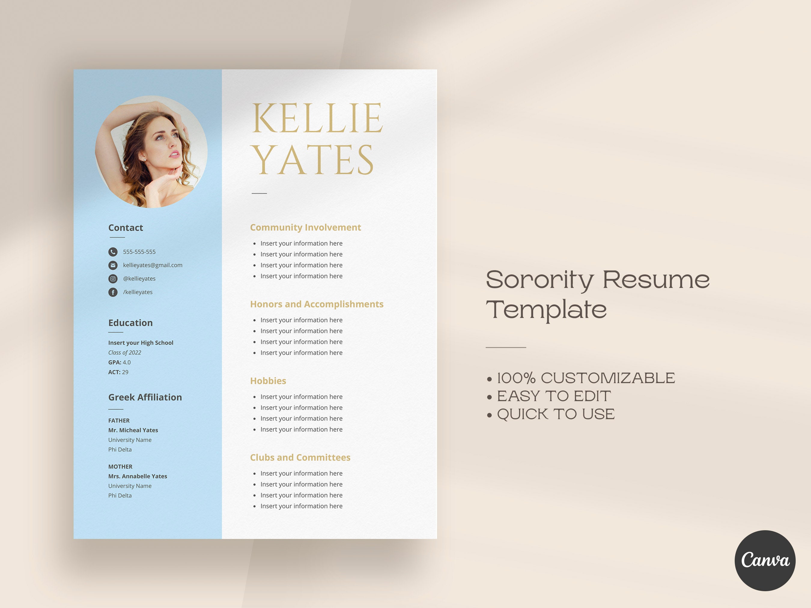 Blue Sorority Resume Template, Sorority Resume Template With Photo ...