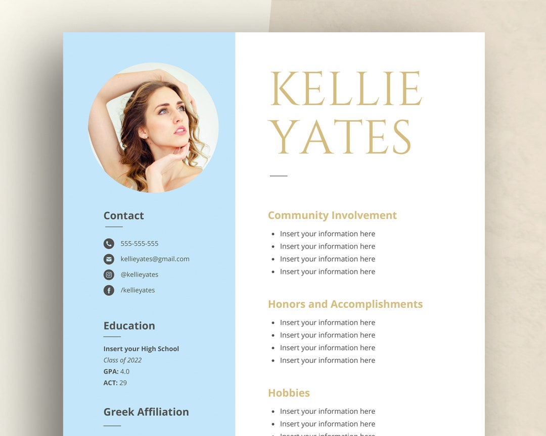 Blue Sorority Resume Template, Sorority Resume Template With Photo ...
