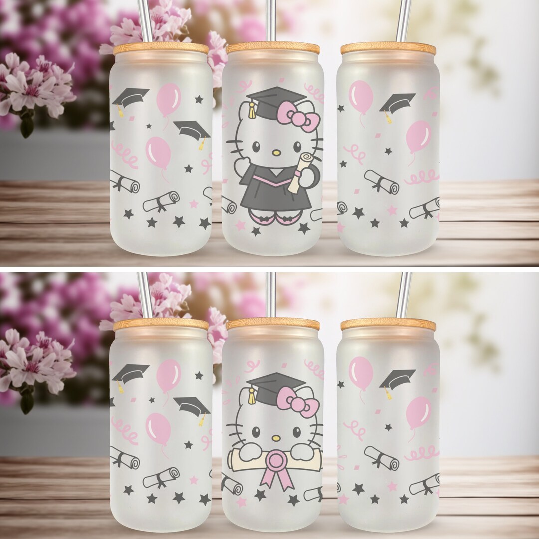 Graduation Kitty Iced Coffee Glass Libby Glass Can With Bamboo Lid and ...
