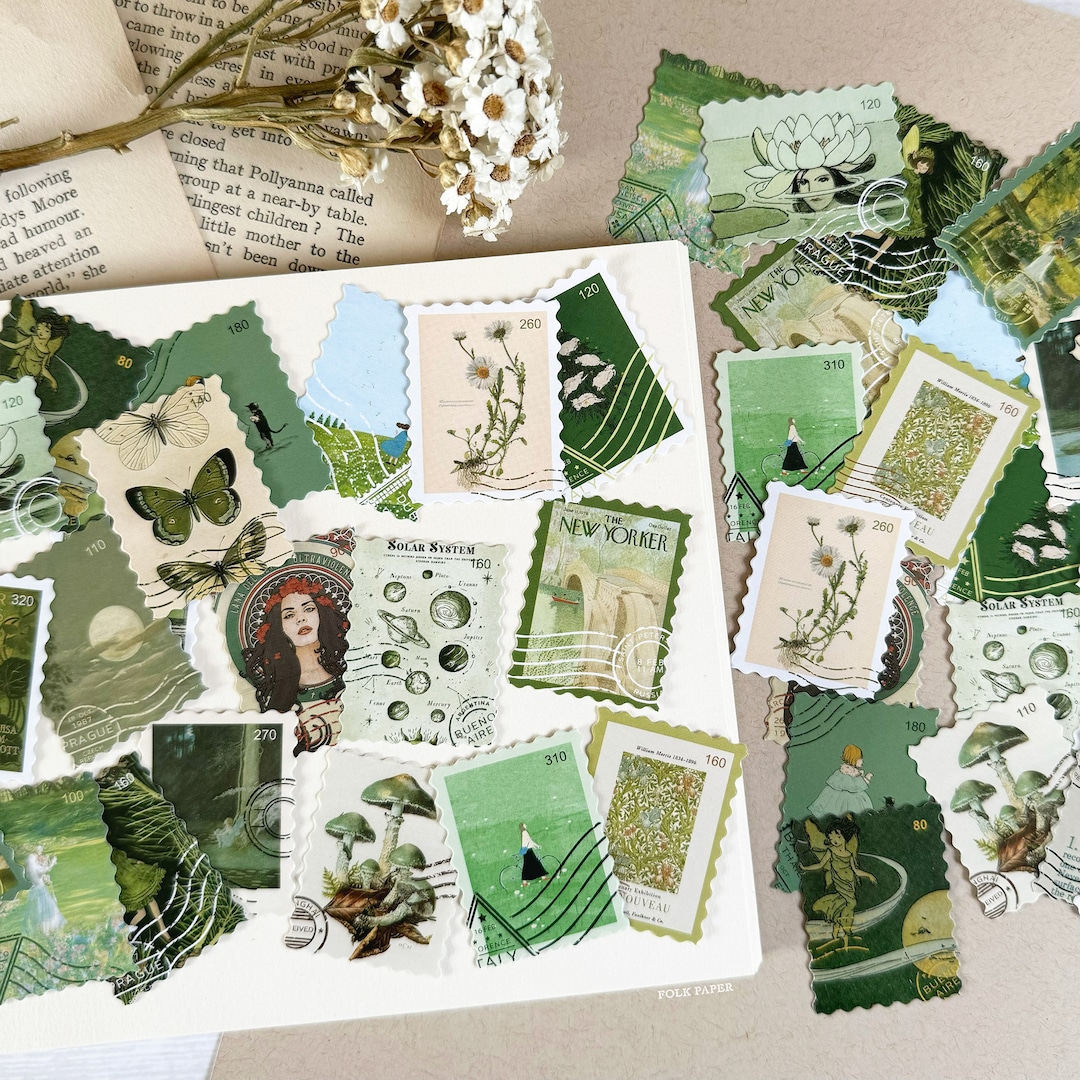 Green Aesthetic Stamp Stickers Set, 46 Pcs Retro Magazine Post Stamps ...