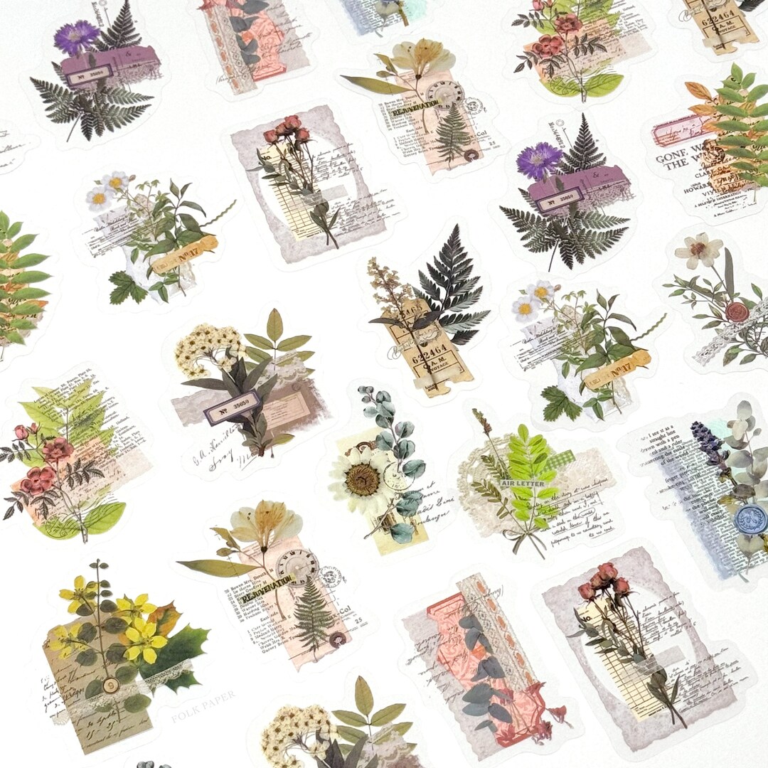 Floral Collage Stickers Pack, 30 Pcs Vintage Pressed Flower and Leaf ...