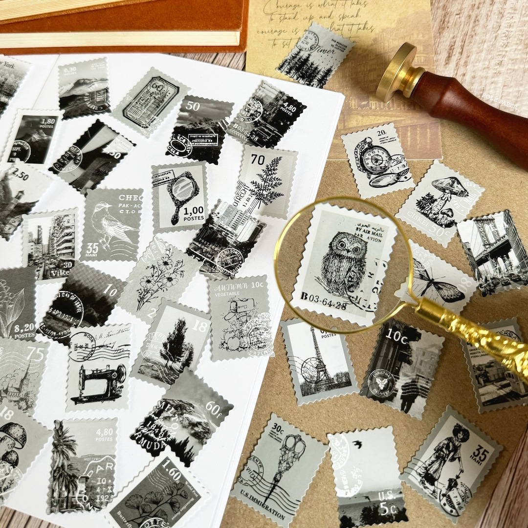 Vintage Black Stamp Stickers Set, 45 Pcs Retro Post Stamps Sticker Pack ...