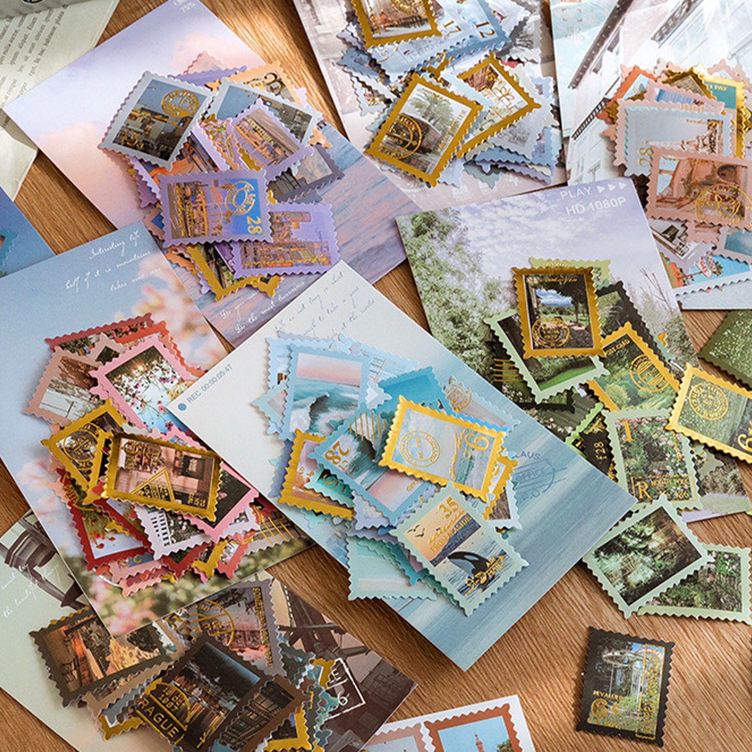 40 pcs Colourful Postage Stamps Stickers Junk Journal Yellow Aesthetic ...