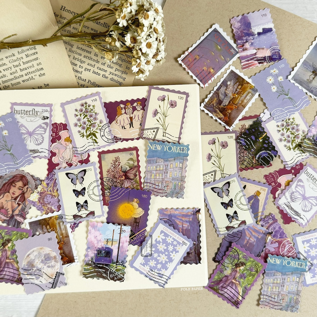 Purple Aesthetic Stamp Stickers Set, 46 Pcs Retro Magazine Post Stamps ...