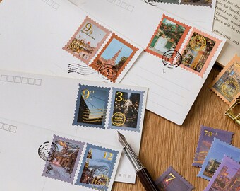 40 pcs Colourful Postage Stamps Stickers Junk Journal Yellow Aesthetic ...