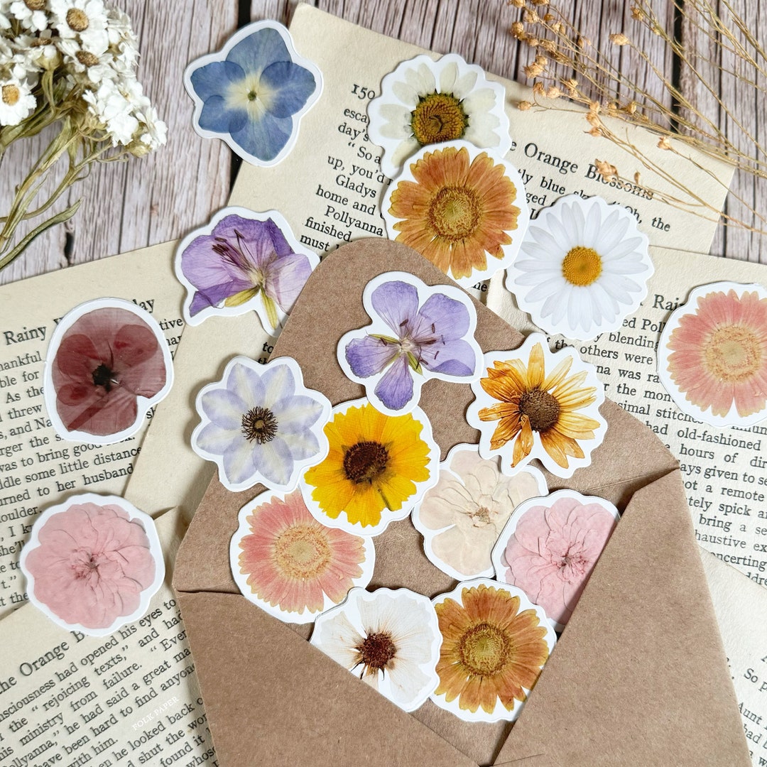 Pressed Flowers Stickers Pack, 46 Pcs Dried Floral Sticker Set, Summer ...