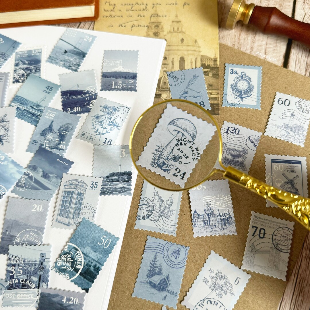 Vintage Blue Stamp Stickers Set, 45 Pcs Retro Post Stamps Sticker Pack ...