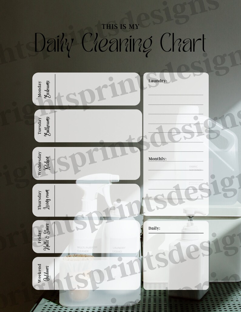 Editable Printable Cleaning Chart Checklist: Daily, Weekly, Monthly ...