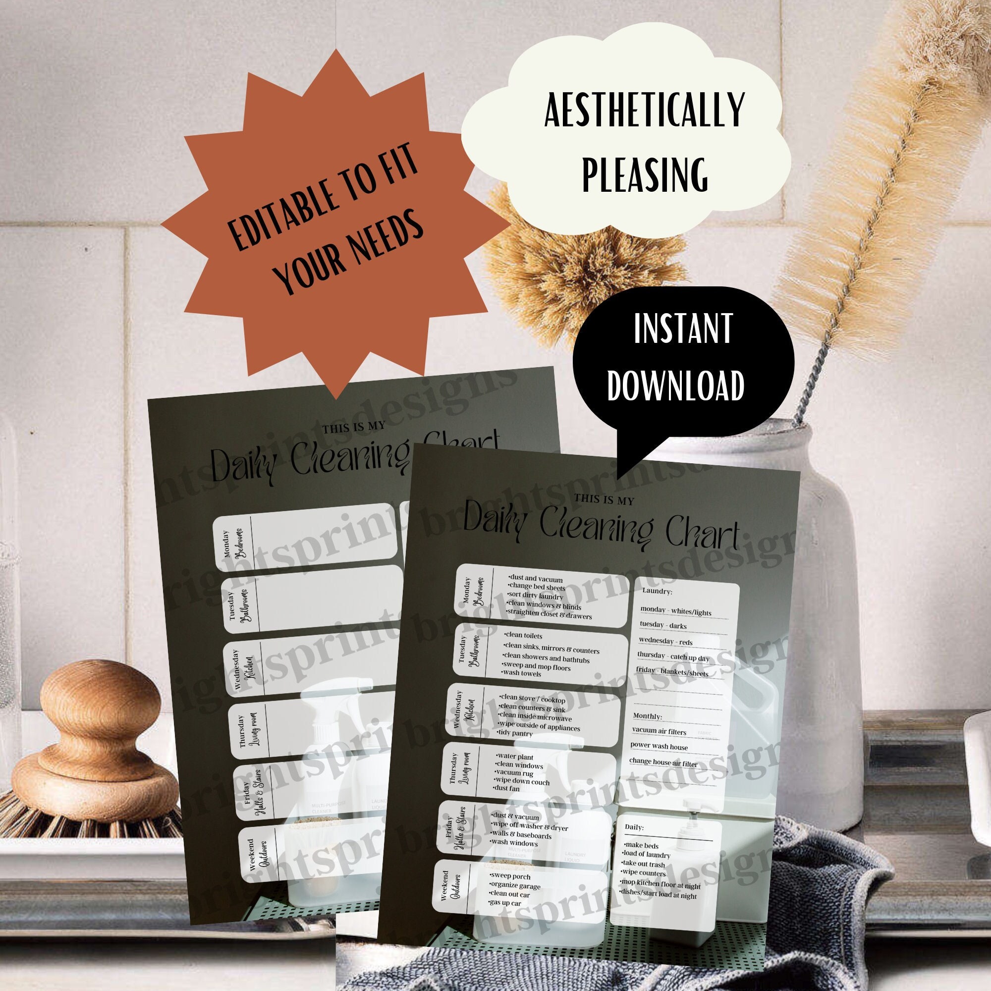 Editable Printable Cleaning Chart Checklist: Daily, Weekly, Monthly ...