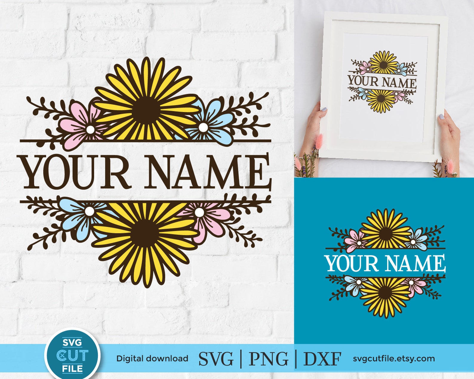 Sunflower Split Monogram Svg, Sunflower Border Svg, Sun Flower Split ...