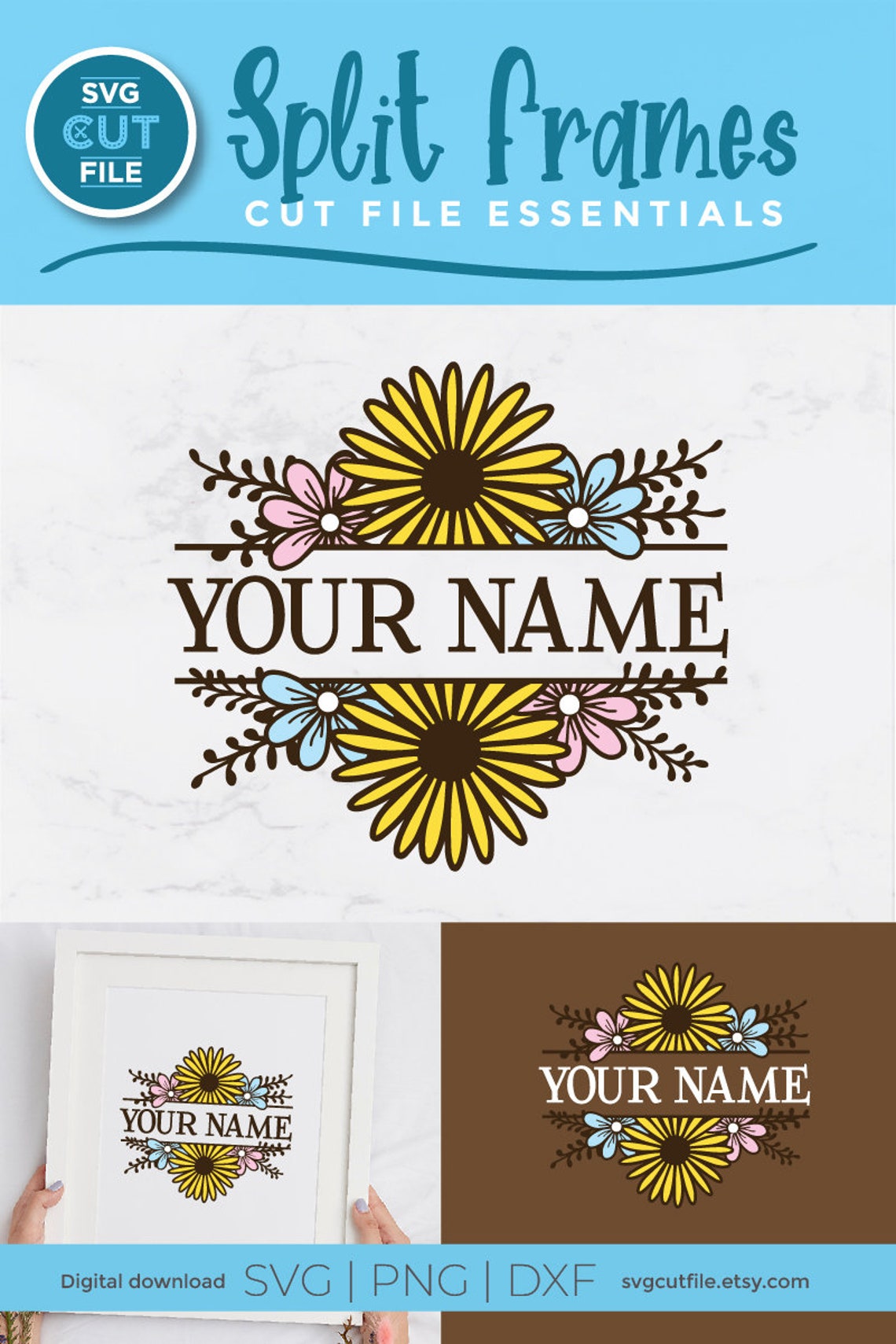 Sunflower Split Monogram Svg, Sunflower Border Svg, Sun Flower Split ...