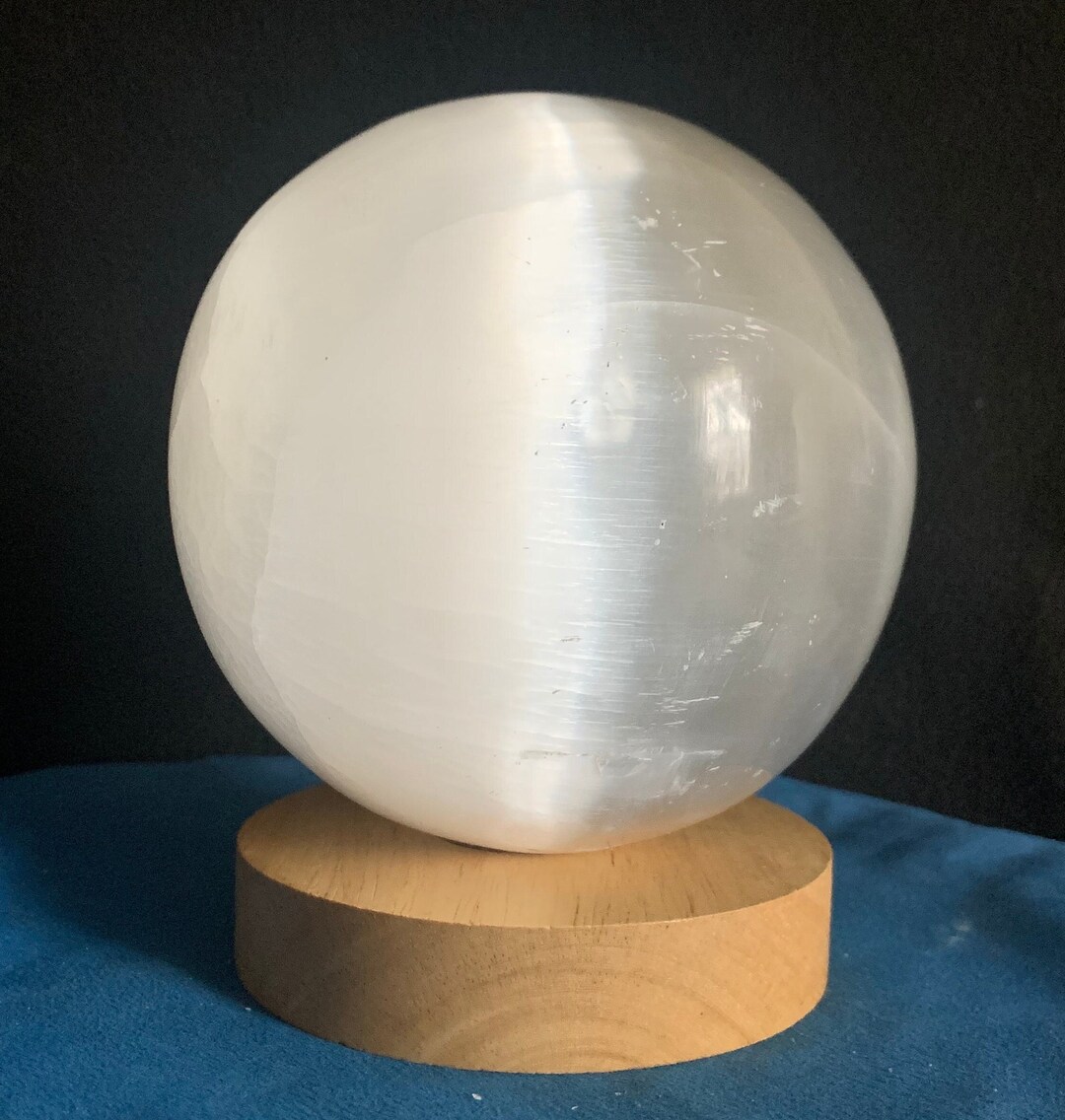 4.75 Cat Eye Selenite Sphere on LED Multicolor Wood Base. - Etsy