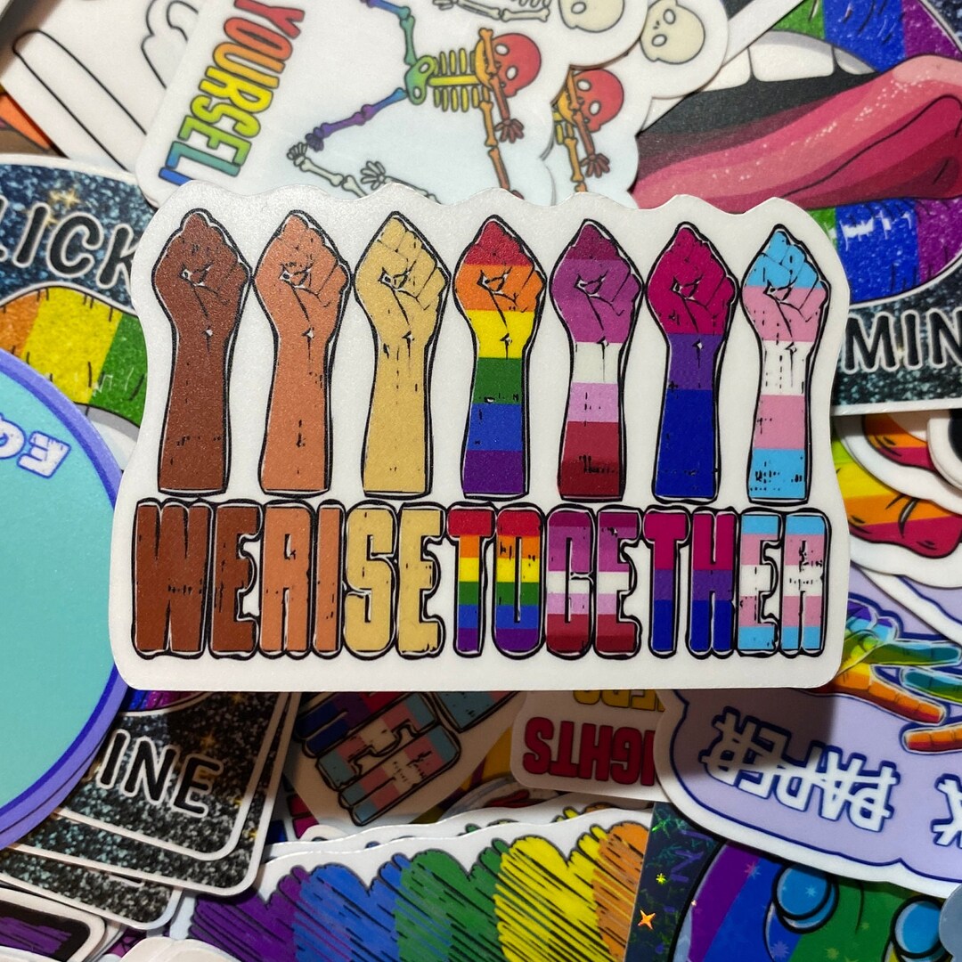 Sticker: We Rise Together, Pride Flags and Skin Color Fists, Pride ...