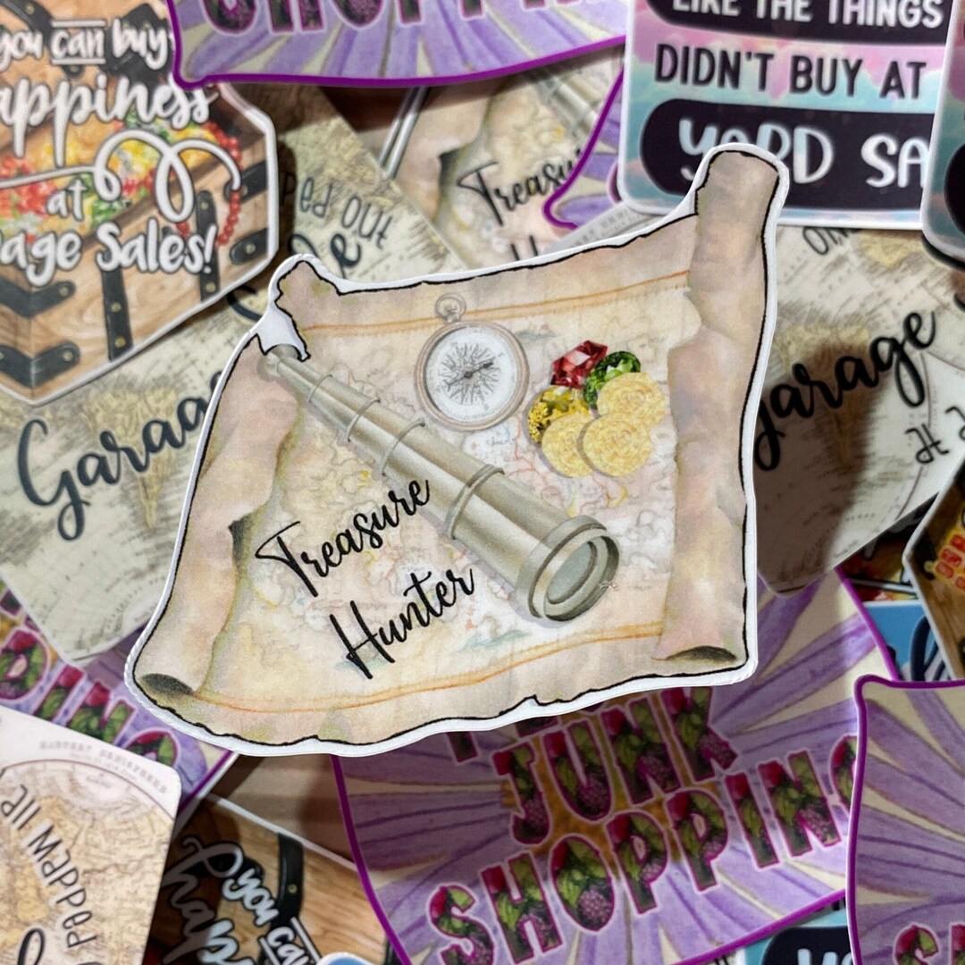 Sticker: Treasure Hunter, Antique Map Decal With Gems, Looking Glass ...