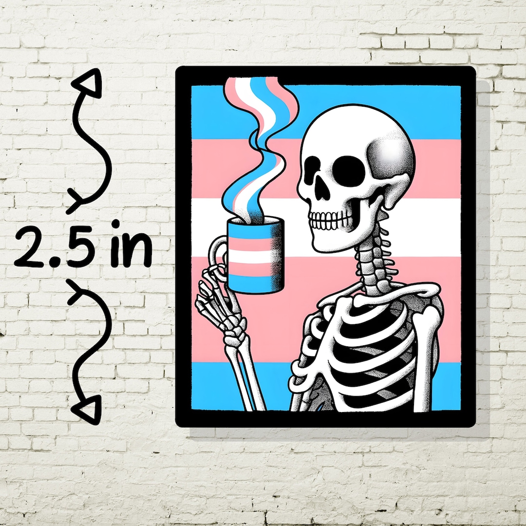 Sticker: Trans Flag Skeleton Drinking Coffee From a Trans Flag Mug With ...