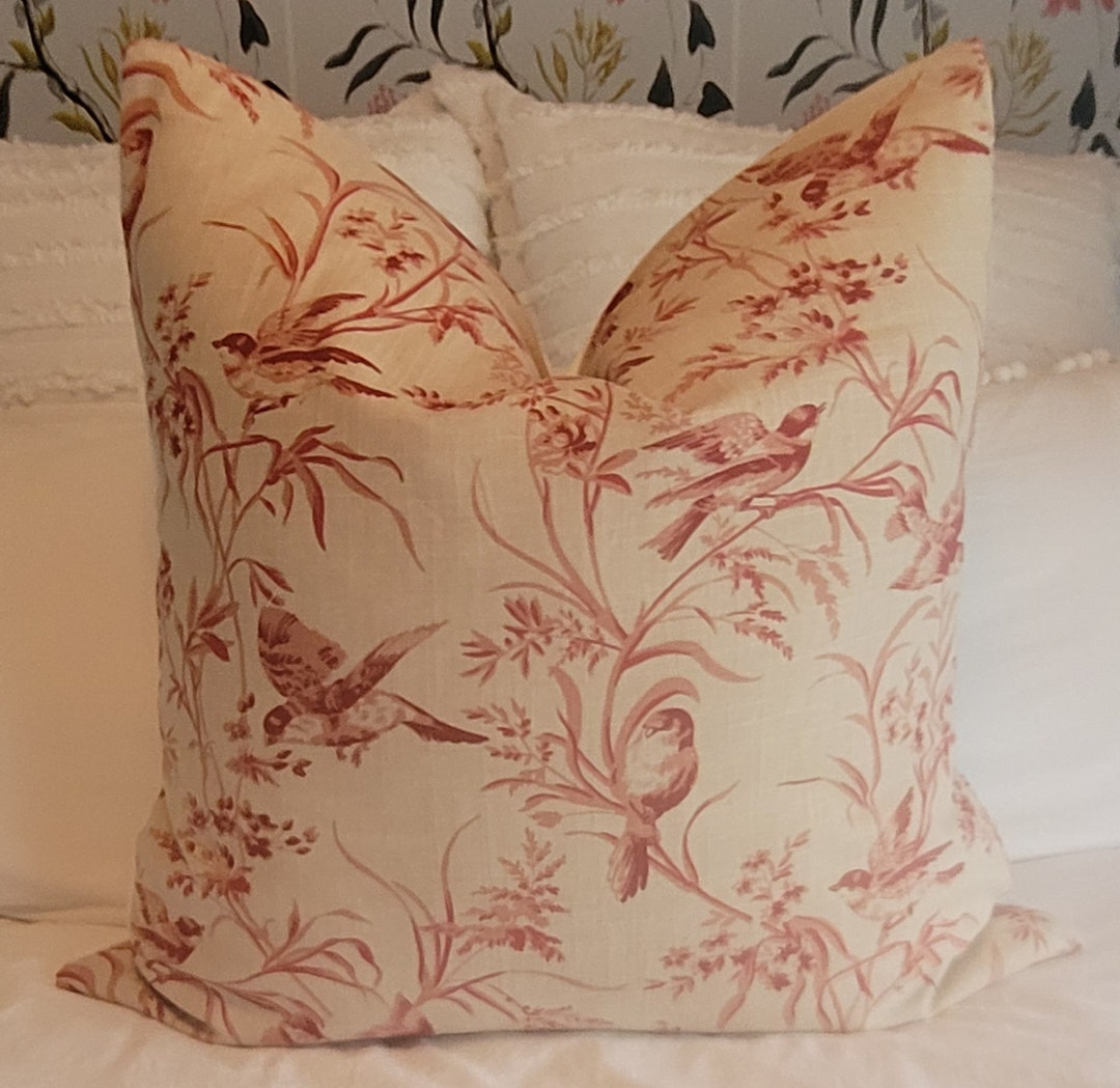Aviary Toile Rouge Pillowcover. Linen Blend Bird on Branch Toile ...