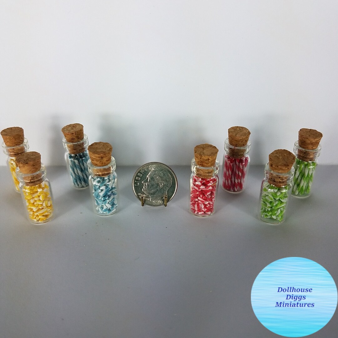 8 Miniature Penny Candy in Glass Jars With Stoppers 1:12 Yellow Blue ...