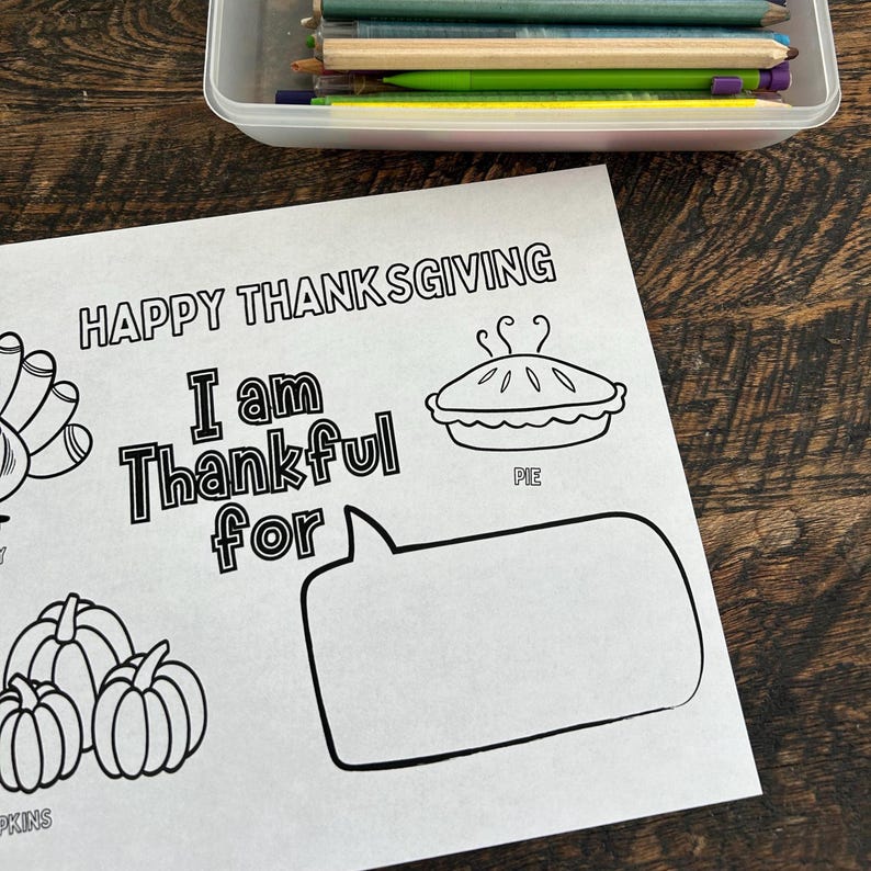Kids Table Happy Thanksgiving Coloring Placemat I Am Thankful for ...